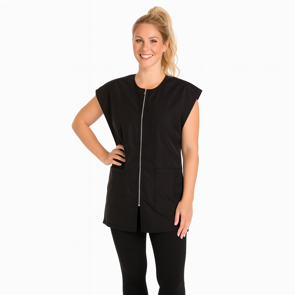 Sleeveless Vest with Rhinestone Zipper Silkara Iridescent Fabric in Bl ...