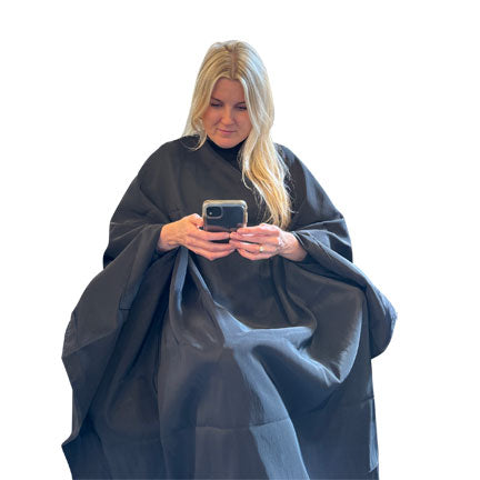 Salon Cape with Arm Holes in Black Iridescent Silkara Fabric – Salonwear